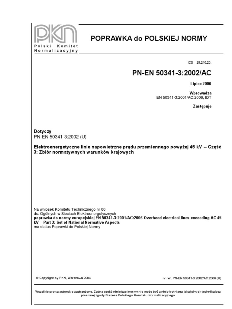 PN en 50341 3 2002 Ac 2006 U Kolor | PDF | Cable | Insulator (Electricity)
