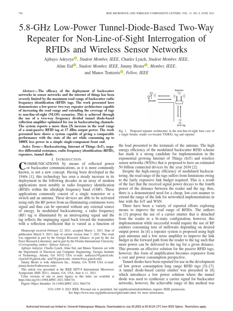 5.8-GHz Low-Power Tunnel-Diode-Based Two-Way Repeater For Non-Line-of ... 5.8-GHz Low-Power Tunnel-Diode-Based Two-Way Repeater For Non-Line-of ...