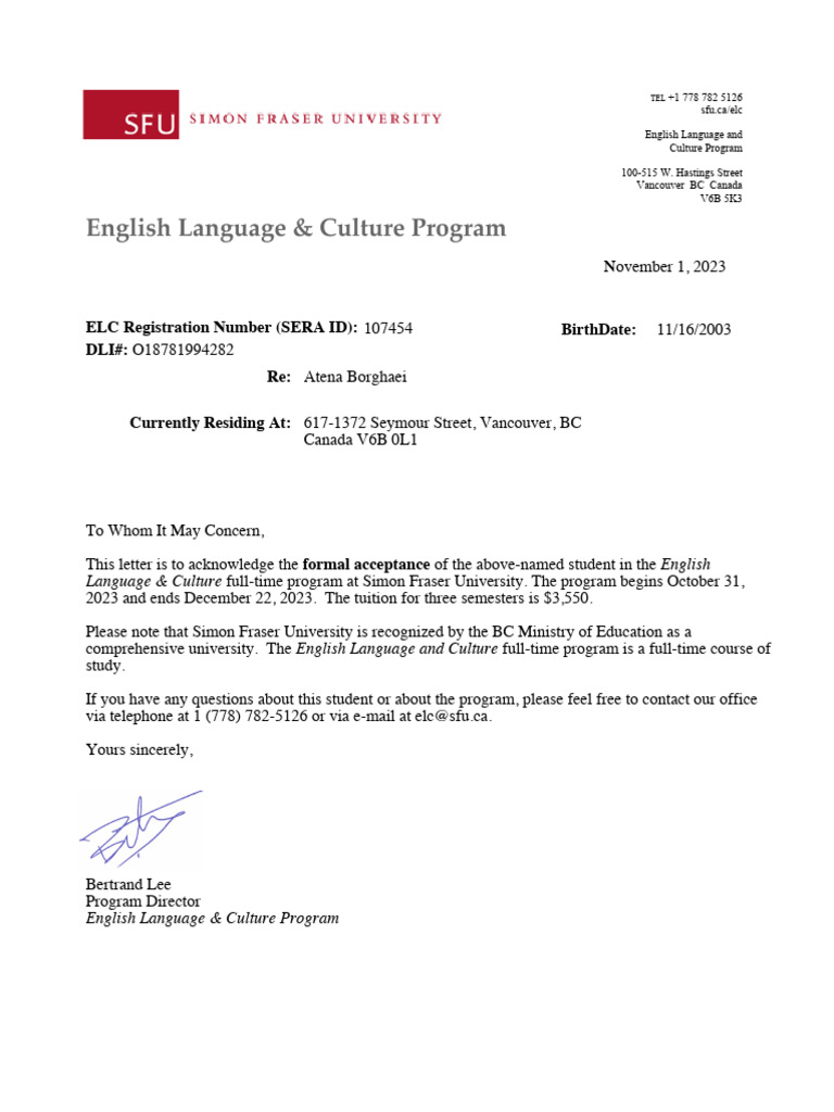 SFU English Language Program Acceptance | PDF