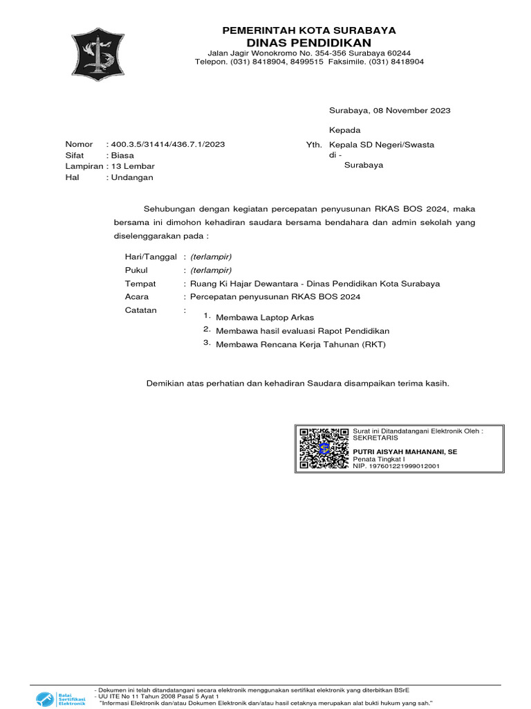 Undangan Desk Penyusunan Rkas Bos 2024 | PDF