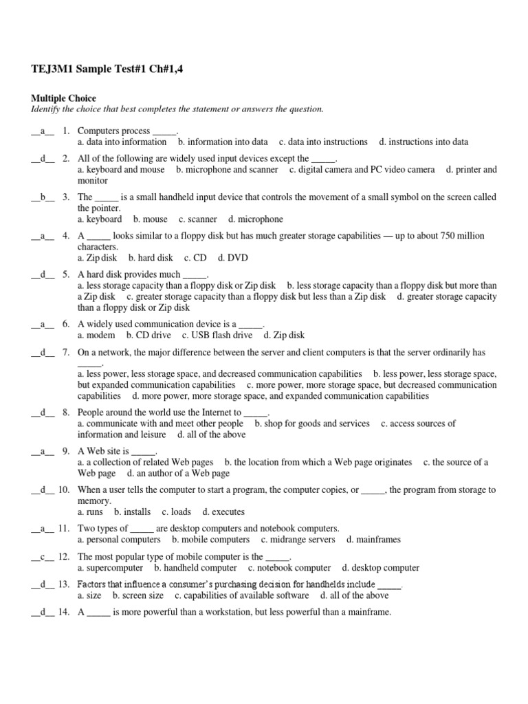 TEJ3M1 Sample Test#1 Ch#1,4 | PDF | Personal Computers | Random Access ...