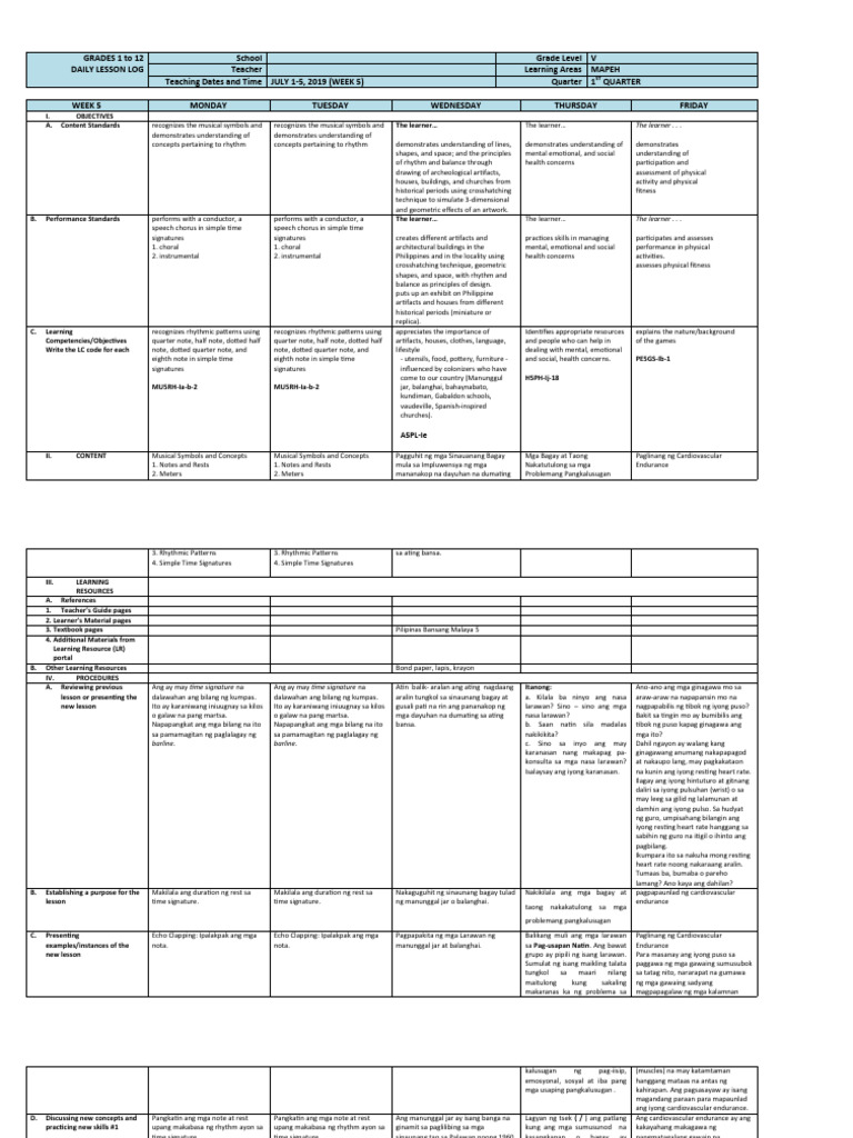 Mapeh 5 Q1 Week 5 DLL | PDF | Learning