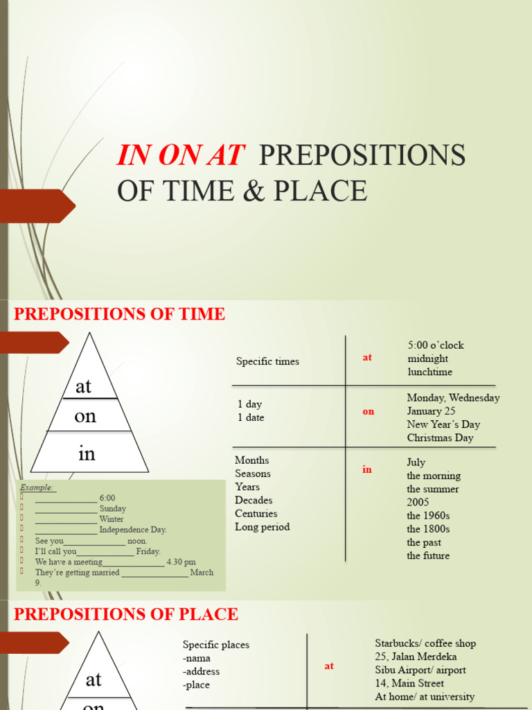In On at Prepositions of Time & Place | PDF