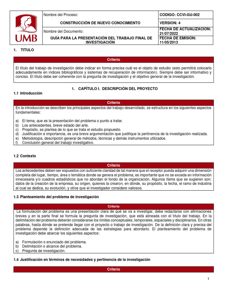 CCVI-GU-002 GUIA PARA LA PRESENTACION DEL TRABAJO FINAL DE INVESTIGACION v4 | PDF | Teoría ...