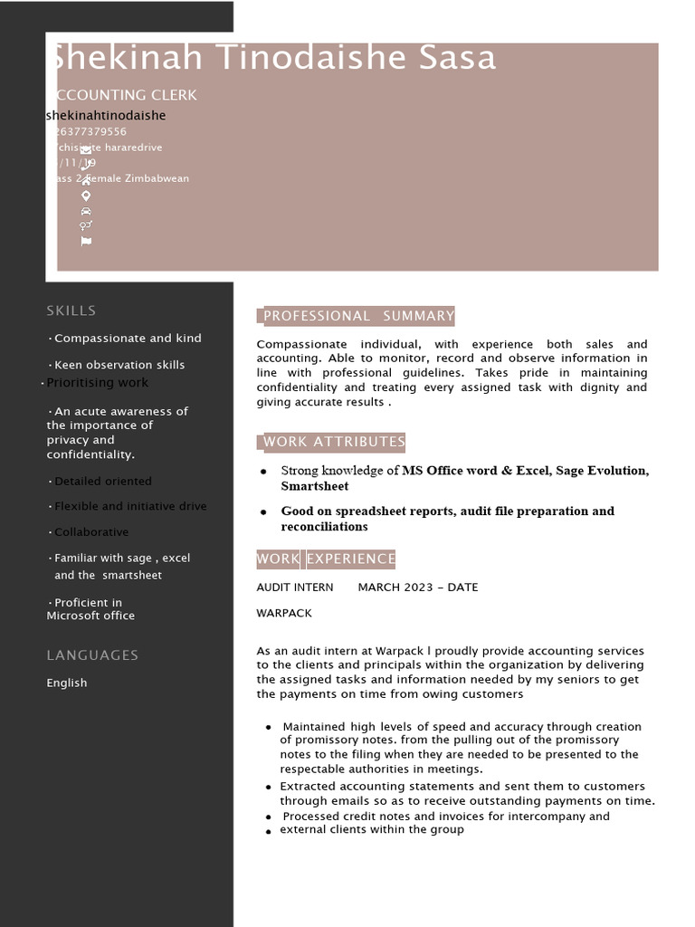 Shekinah Sasa Resume | PDF | Accounting | Business