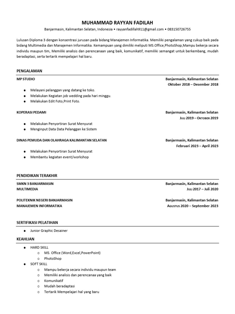 Curriculum Vitae - Muhammad Rayyan Fadilah | PDF