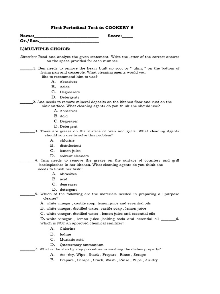Cookery 9 First Periodical Test | PDF | Kitchen Utensil | Foods