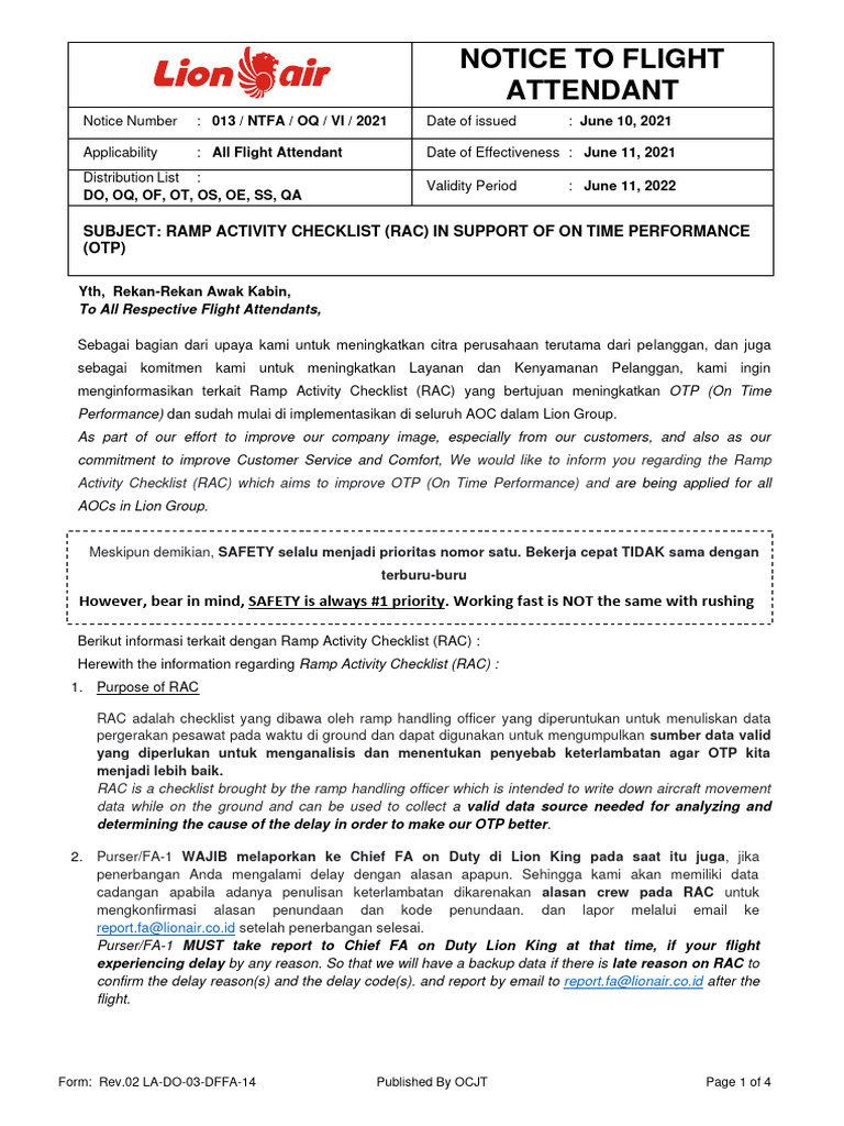 Ramp Activity Checklist (Rac) in Support of On Time Performance (Otp) | PDF