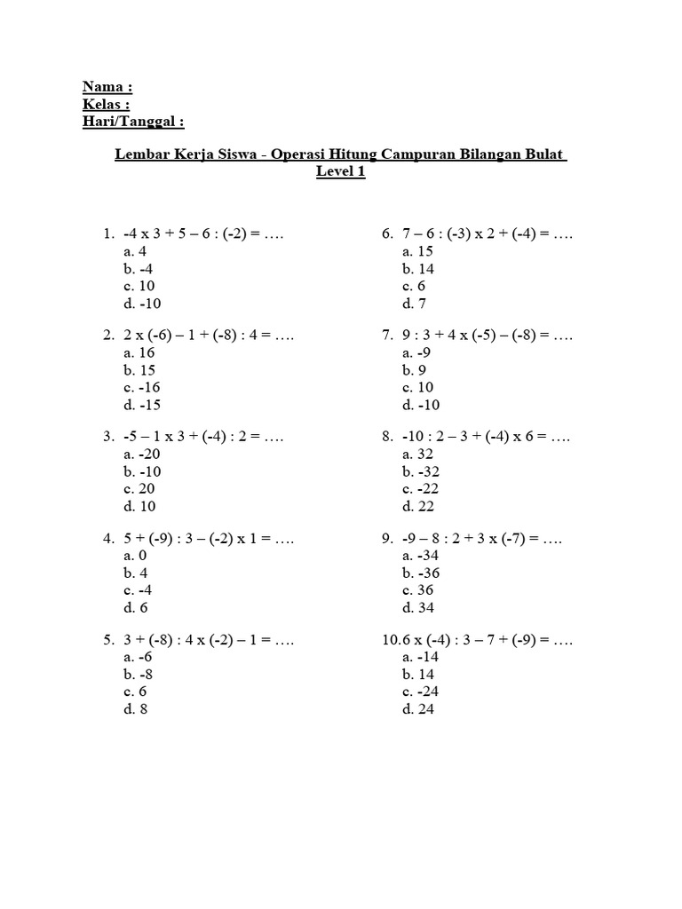 Lembar Kerja Operasi Hitung Bilangan Bulat | PDF