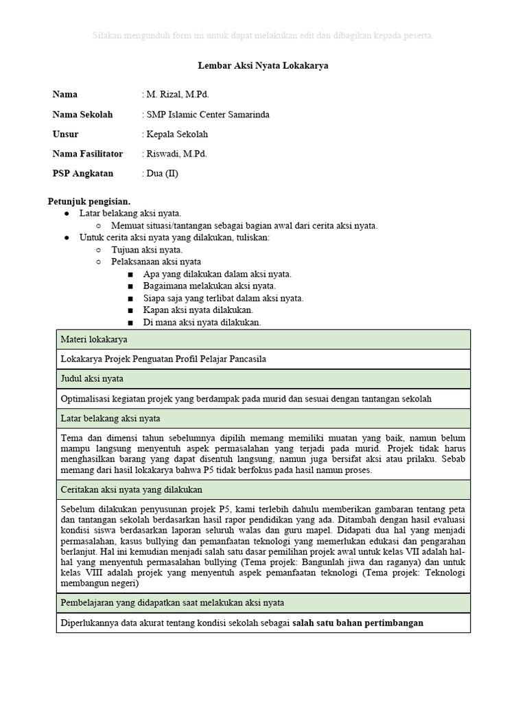 Lembar Aksi Nyata Lokakarya | PDF