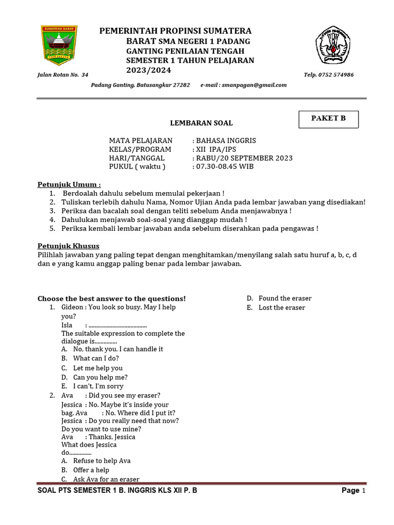 2023-2024 Fix B PTS KELAS 12 | PDF | Human Communication