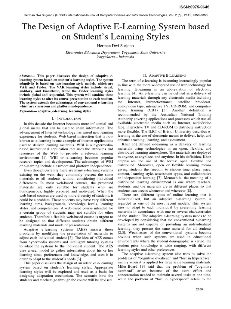 The Design Of Adaptive E Learning System Based Pdf Learning Styles Educational Technology