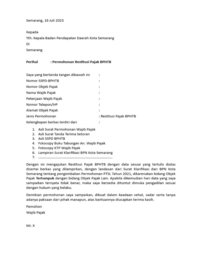 Surat Pengajuan Restitusi BPHTB | PDF