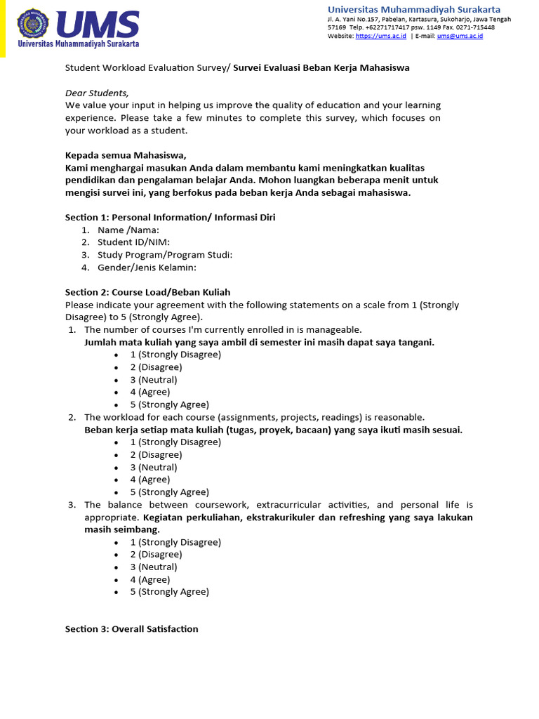Student Workload Evaluation Survey UMS | PDF