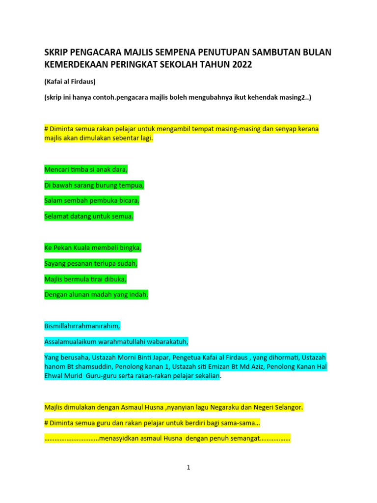 Pdfslide - Tips - Skrip Pengacara Majlis Sempena Penutupan Sambutan Bulan Kemerdekaan Peringkat ...