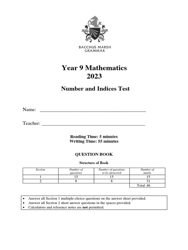 Yr 9 Number Indices Test 2023 | PDF | Multiple Choice | Significant Figures