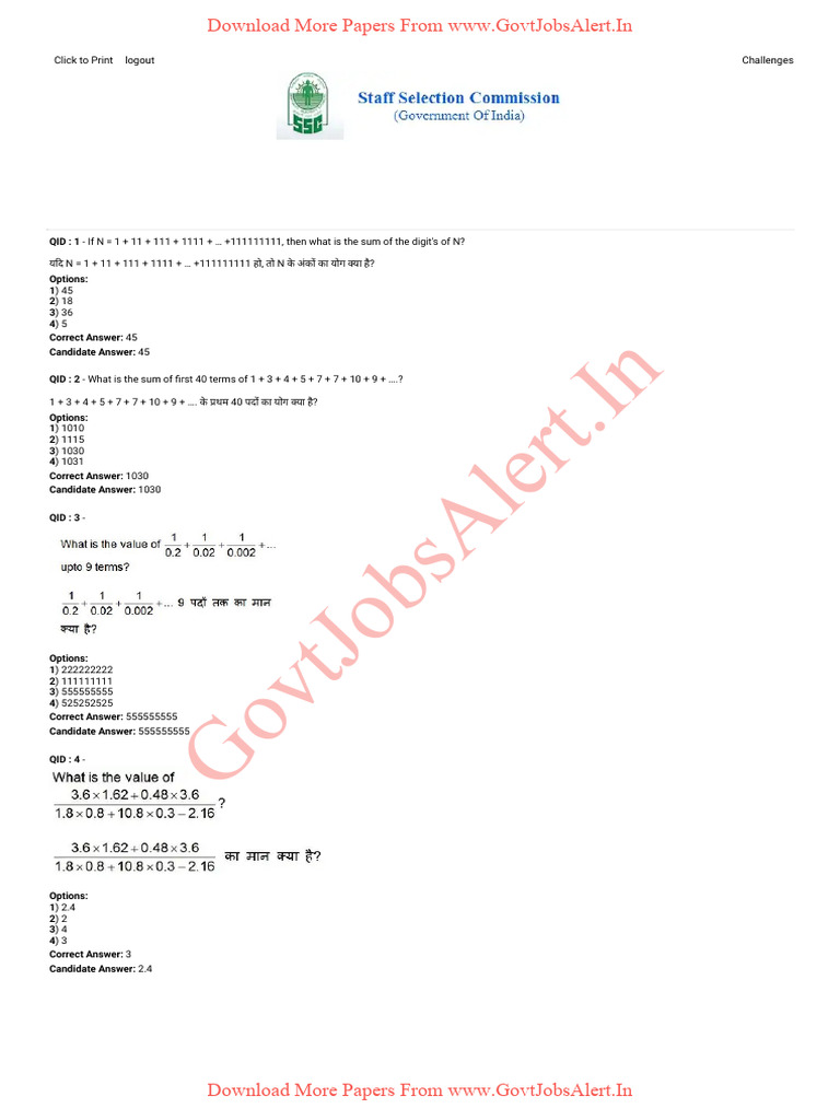SSC CGL Previous Year Question Paper 2017 Mains - Paper 1 Maths Set 2 Bilingual Hindi English ...