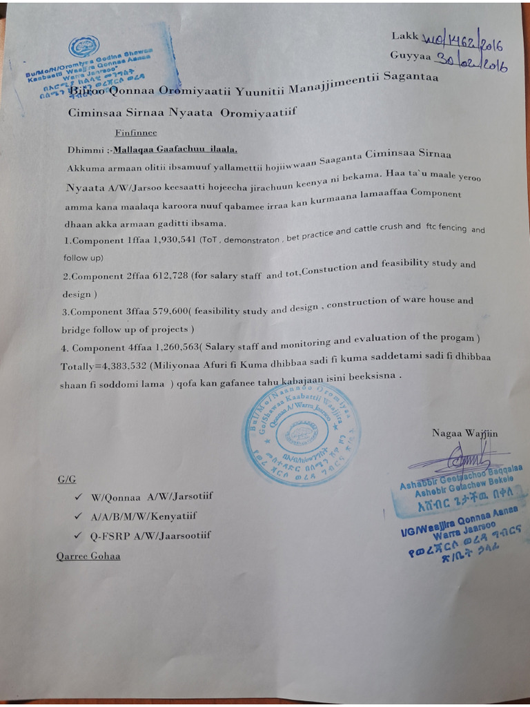 Wera Jarso Woreda FSRP Letter of Money | PDF