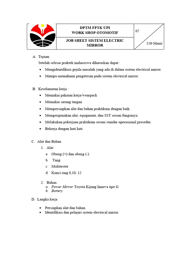 Jobsheet Electrical Mirror | PDF
