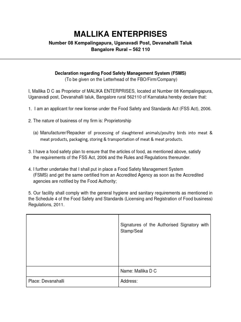 Fsms Declaration | PDF Fsms Declaration | PDF