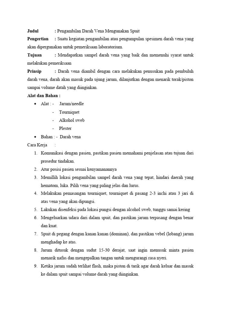 Panduan Pengambilan Darah Vena Spuit | PDF