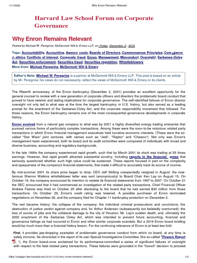 Why Enron Case Remains Relevant by Harvard 2016 | PDF | Corporate Law ...