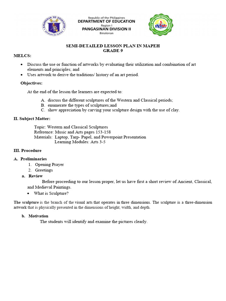 Semi D. Lesson Plan in Mapeh | PDF | Sculpture