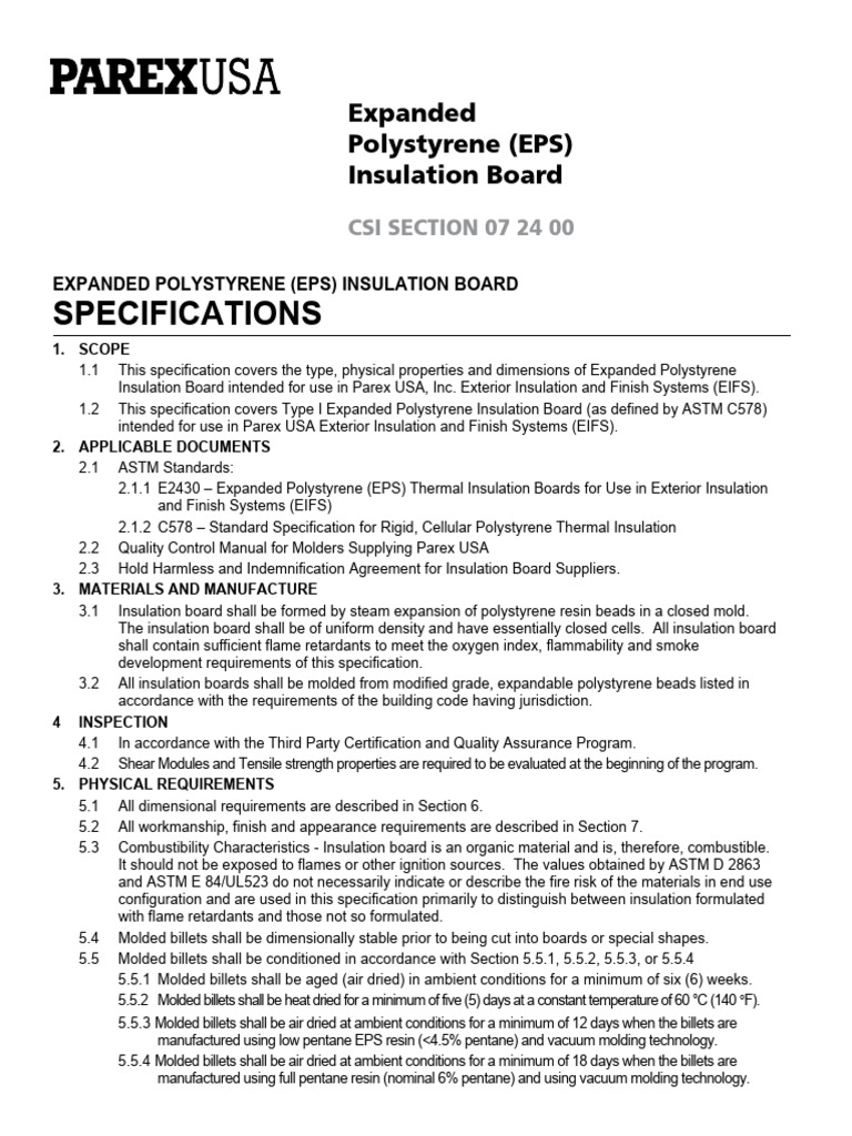 EPS Insulation Board Specifications | PDF | Polystyrene | Thermal ...