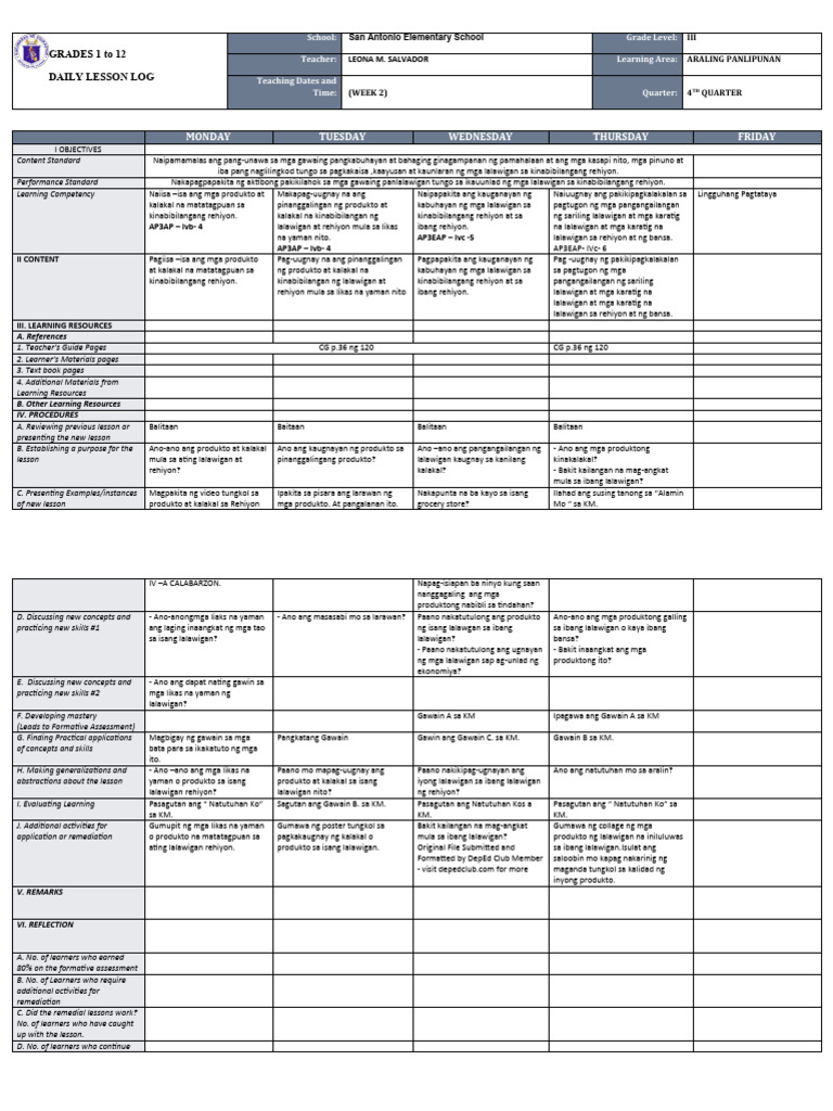 DLL - Araling Panlipunan 3 - Q4 - W2 | PDF