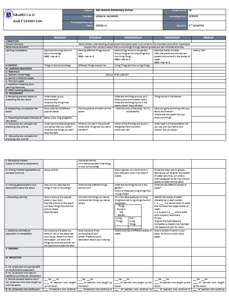 DLL - Science 3 - Q4 - W1 | PDF | Learning | Cognition