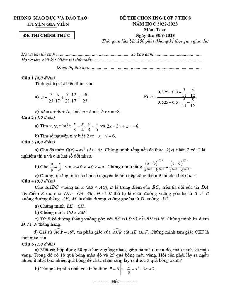 De Hoc Sinh Gioi Toan 7 Nam 2022 2023 Phong GDDT Gia Vien Ninh Binh | PDF