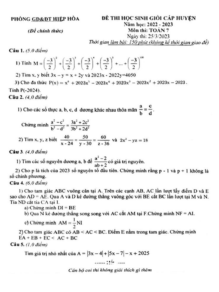 De HSG Cap Huyen Toan 7 Nam 2022 2023 Phong GDDT Hiep Hoa Bac Giang | PDF
