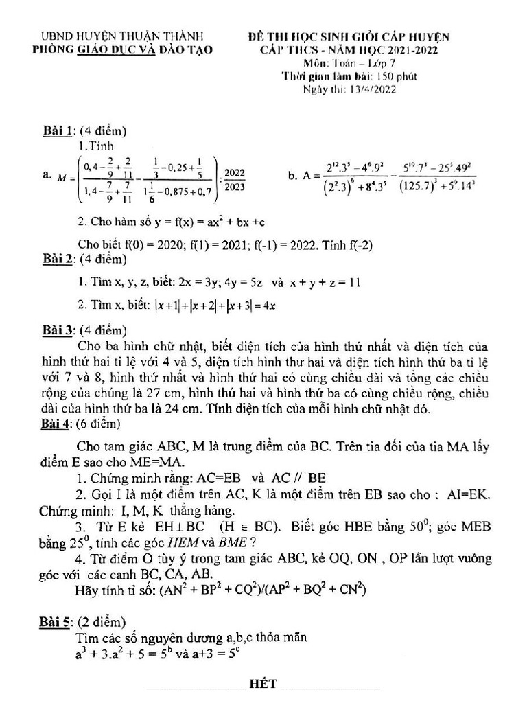 De HSG Huyen Toan 7 Nam 2021 2022 Phong GDDT Thuan Thanh Bac Ninh | PDF