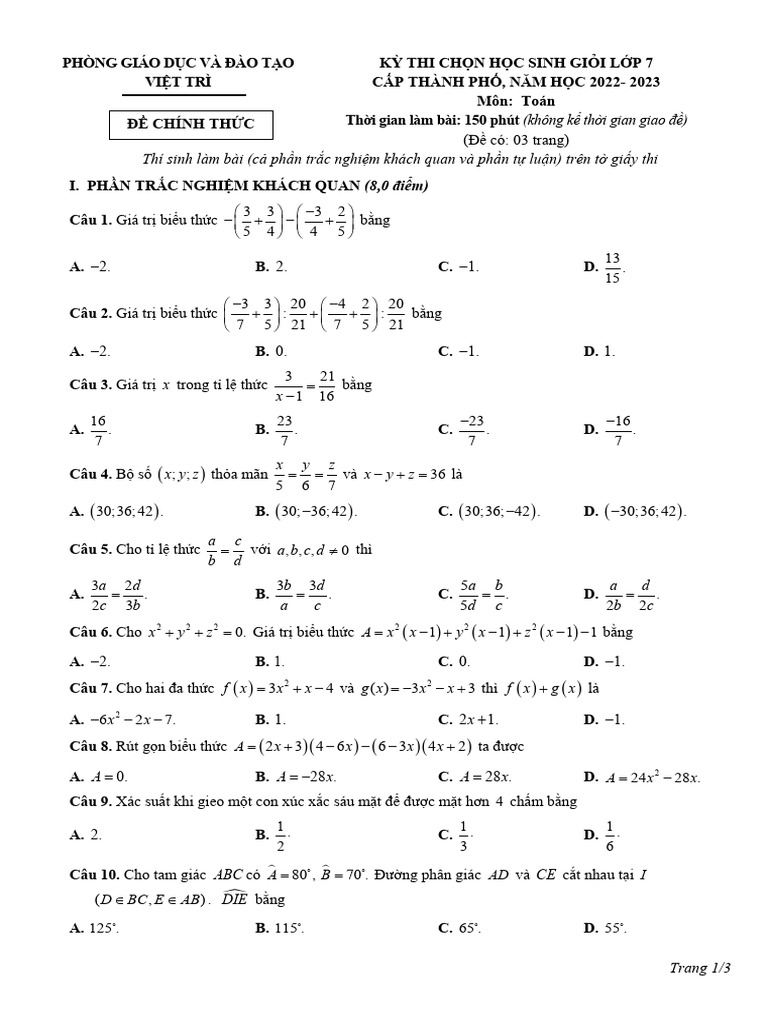 De Hoc Sinh Gioi Toan 7 Nam 2022 2023 Phong GDDT Viet Tri Phu Tho | PDF