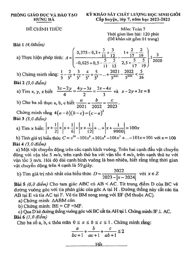 De Hoc Sinh Gioi Toan 7 Nam 2022 2023 Phong GDDT Hung Ha Thai Binh | PDF