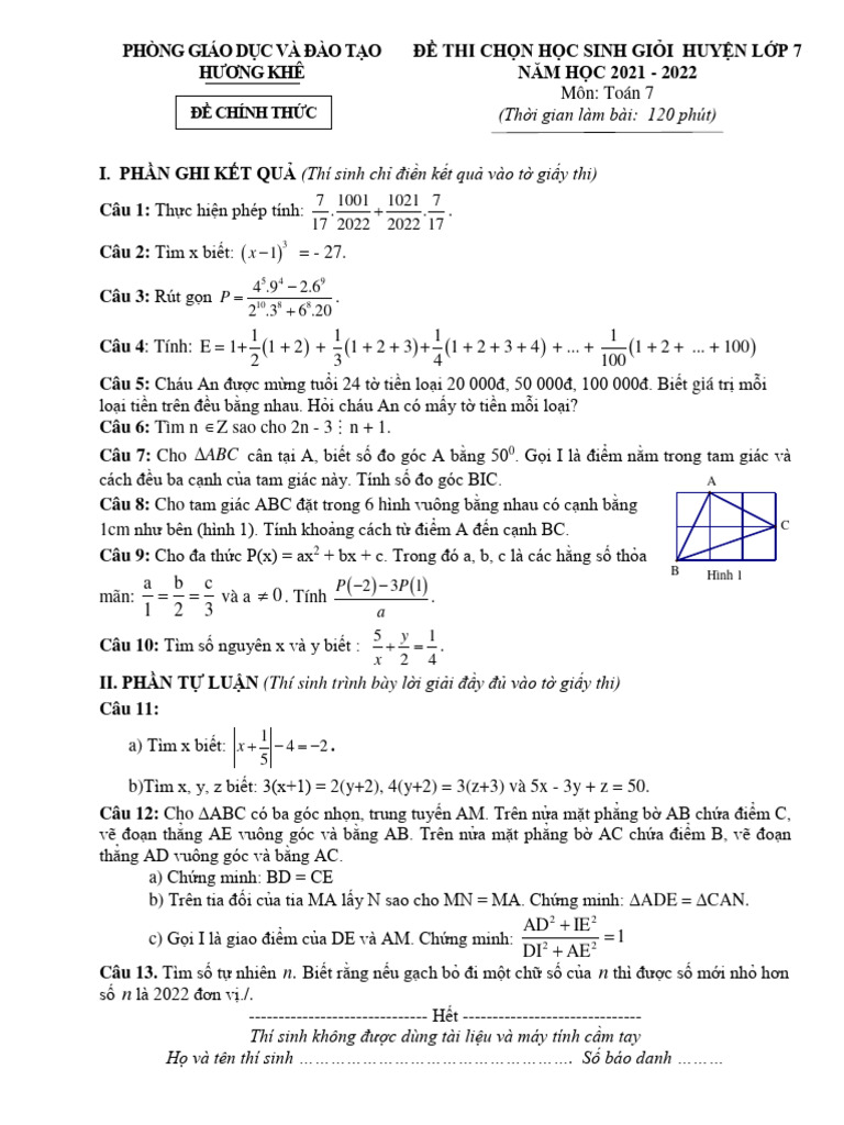 De Hoc Sinh Gioi Toan 7 Nam 2021 2022 Phong GDDT Huong Khe Ha Tinh | PDF