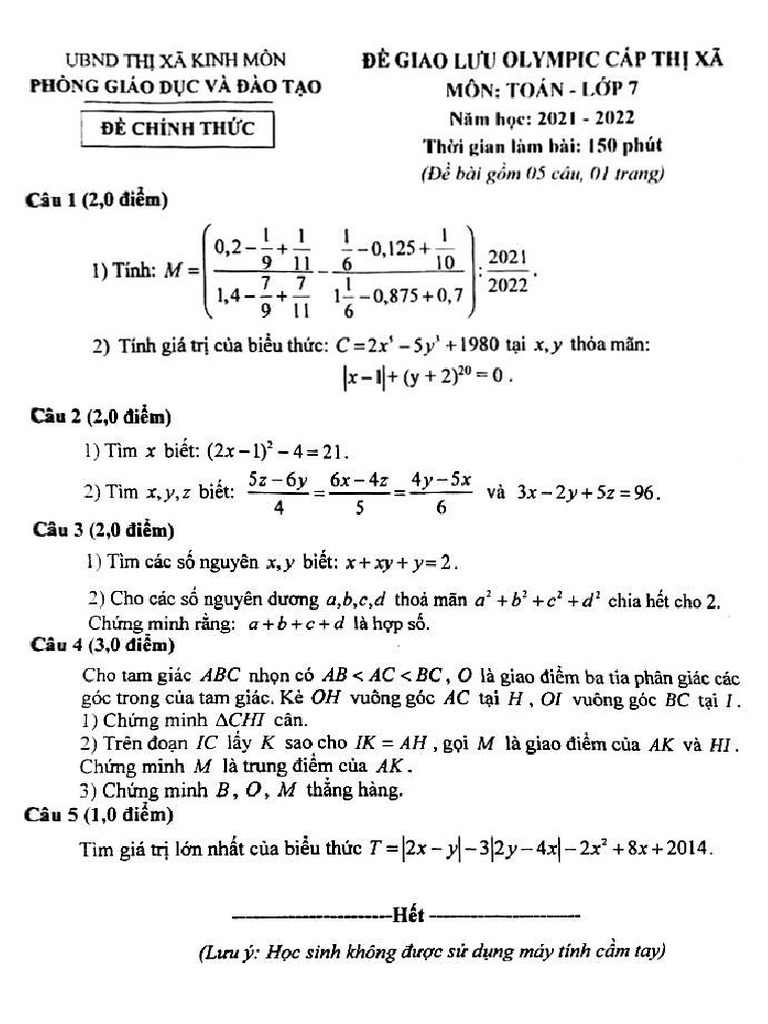 De Olympic Toan 7 Nam 2021 2022 Phong GDDT Kinh Mon Hai Duong | PDF