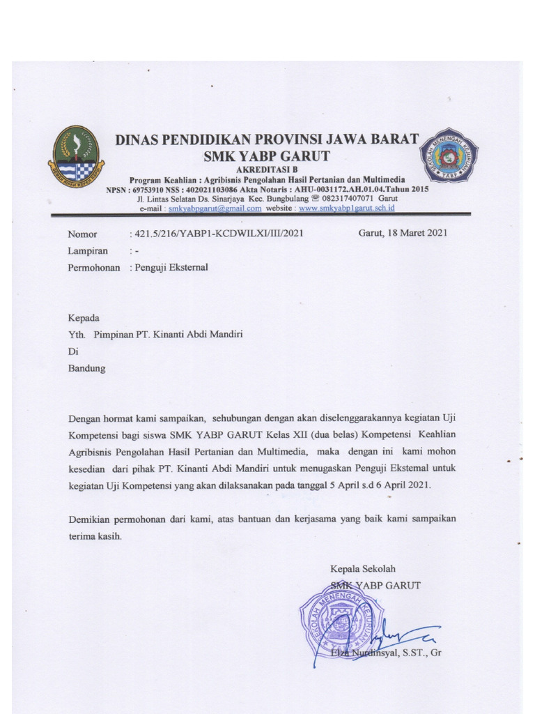 Surat Permohonan Penguji Eksternal UKK 2021 | PDF