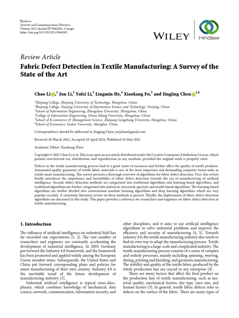 Review Article Fabric Defect Detection In Textile Manufacturing A