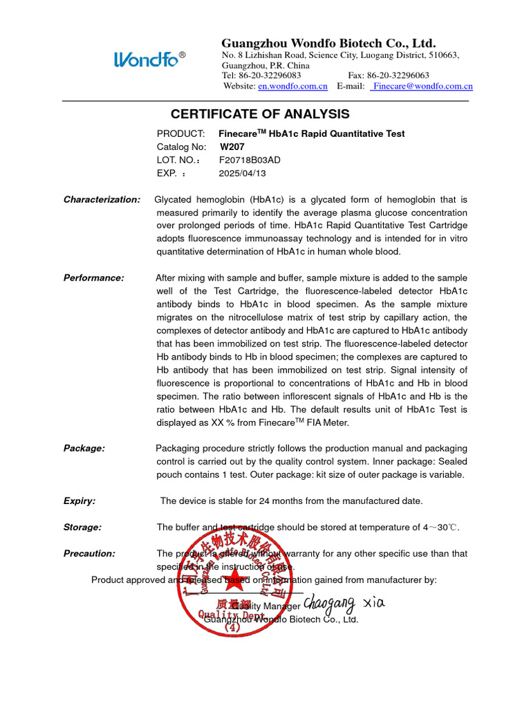 HbA1c Rapid Quantitative Test COA - F20718B03AD | Download Free PDF ...