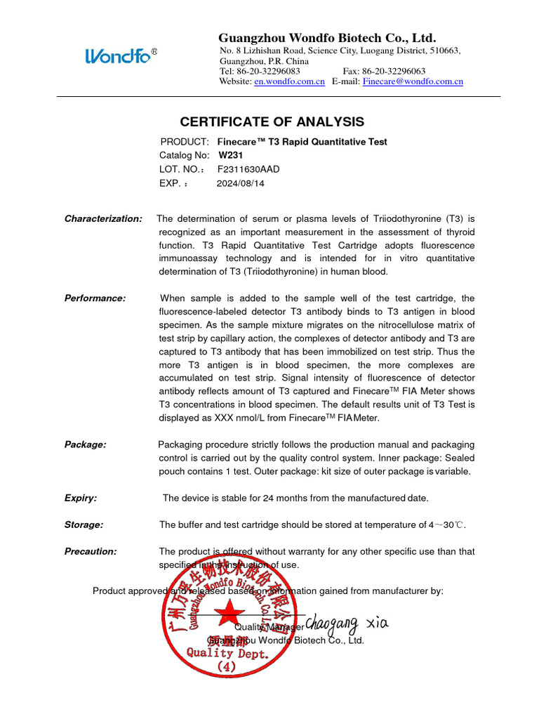 T3 Rapid Quantitative Test COA - F2311630AAD | PDF | Antibody | Immunoassay