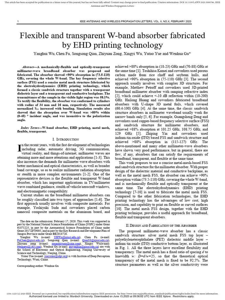 Flexible and Transparent W-Band Absorber Fabricated by EHD Printing ...