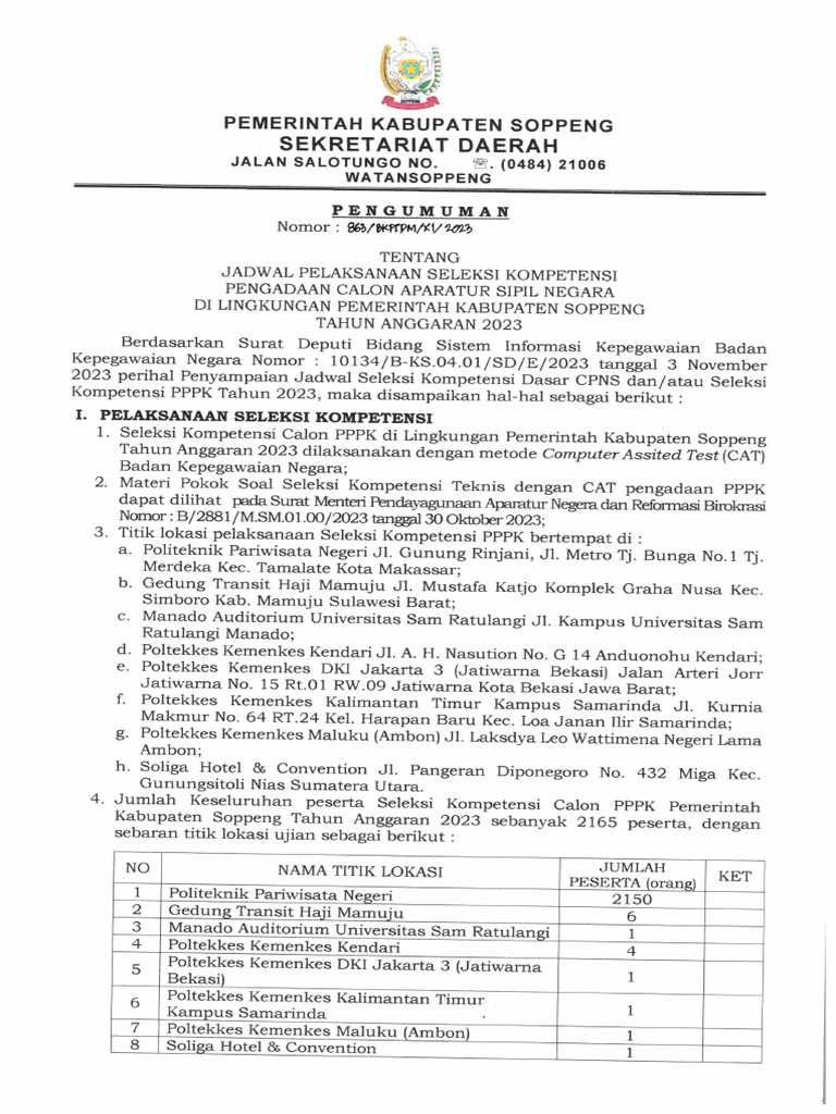 Pengumuman Pelaksanaan Seleksi PPPK Kabupaten Soppeng | PDF