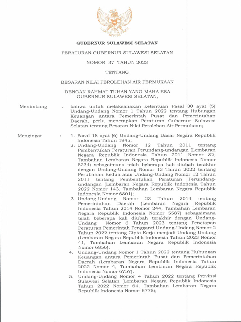 Pergub Nomor 37 Tahun 2023 Tentang Besaran Nilai Perolehan Air Permukaan (Npa) | PDF