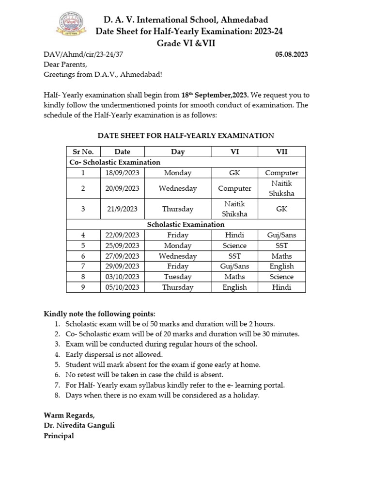 Grade 6, 7 Half Yearly Exam Datesheet | PDF Grade 6, 7 Half Yearly Exam Datesheet | PDF