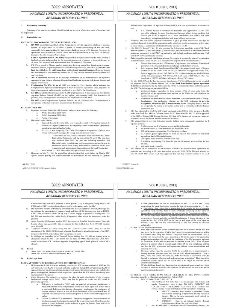 246 - Hacienda Luisita V PARC - Parafina | PDF | Private Law | Common Law