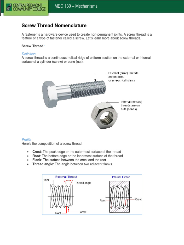 MEC130 Module 2 - PDF 1 Screw Thread Nomenclature | PDF | Screw ...