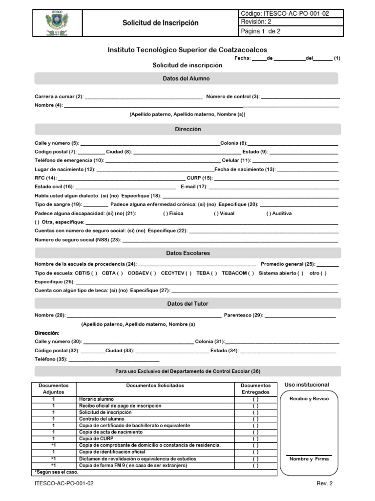ITESCO AC PO 001 02 Formato Solicitud Inscripcion | PDF