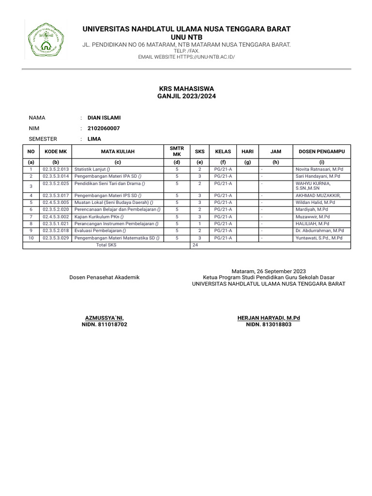 KRS Mahasiswa Semester 5 | PDF