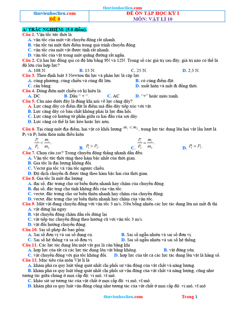 De On Tap HK1 Vat Li 10 de 8 | PDF